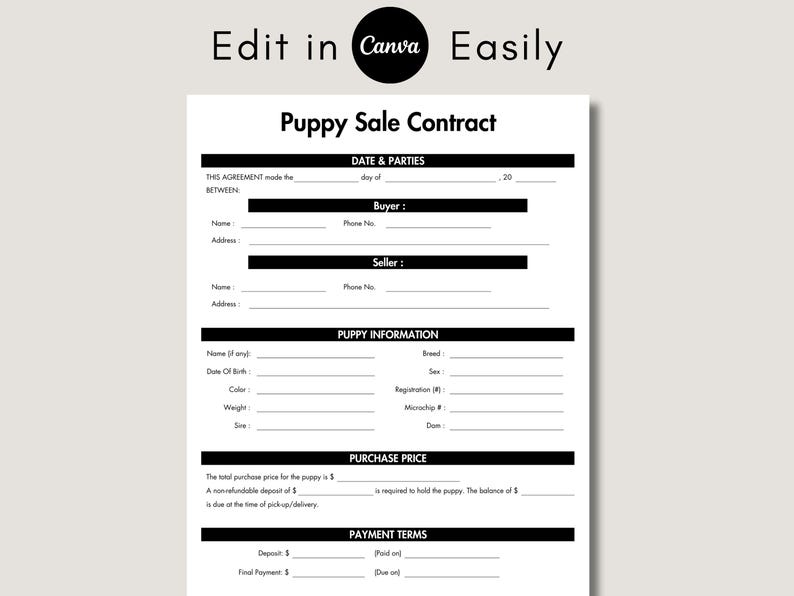 Editable Puppy Sales Contract, Puppy Deposit Contract, Canva, Puppy ...
