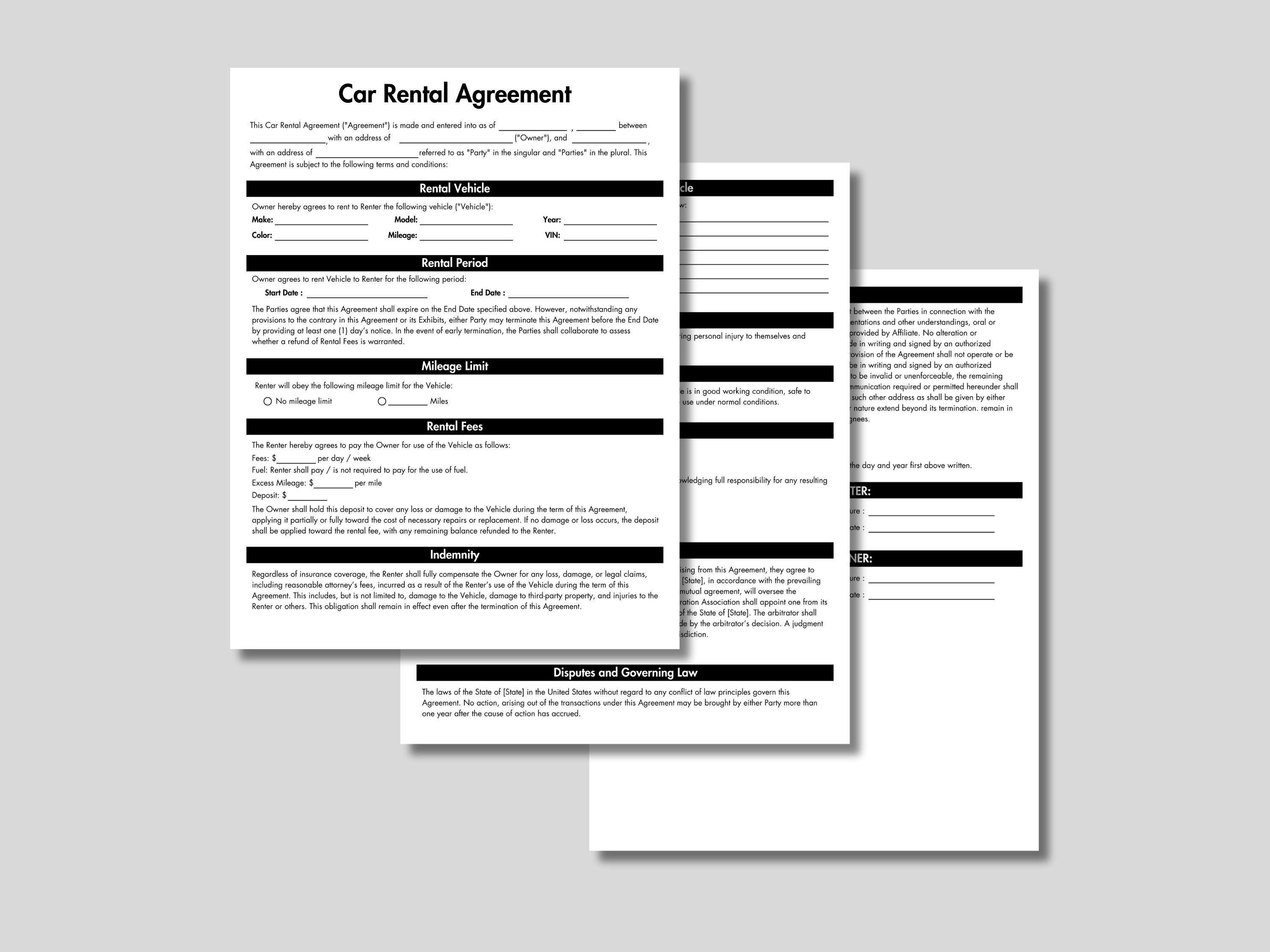 Editable Car Rental Agreement Template, Car Rental Contract, Printable ...