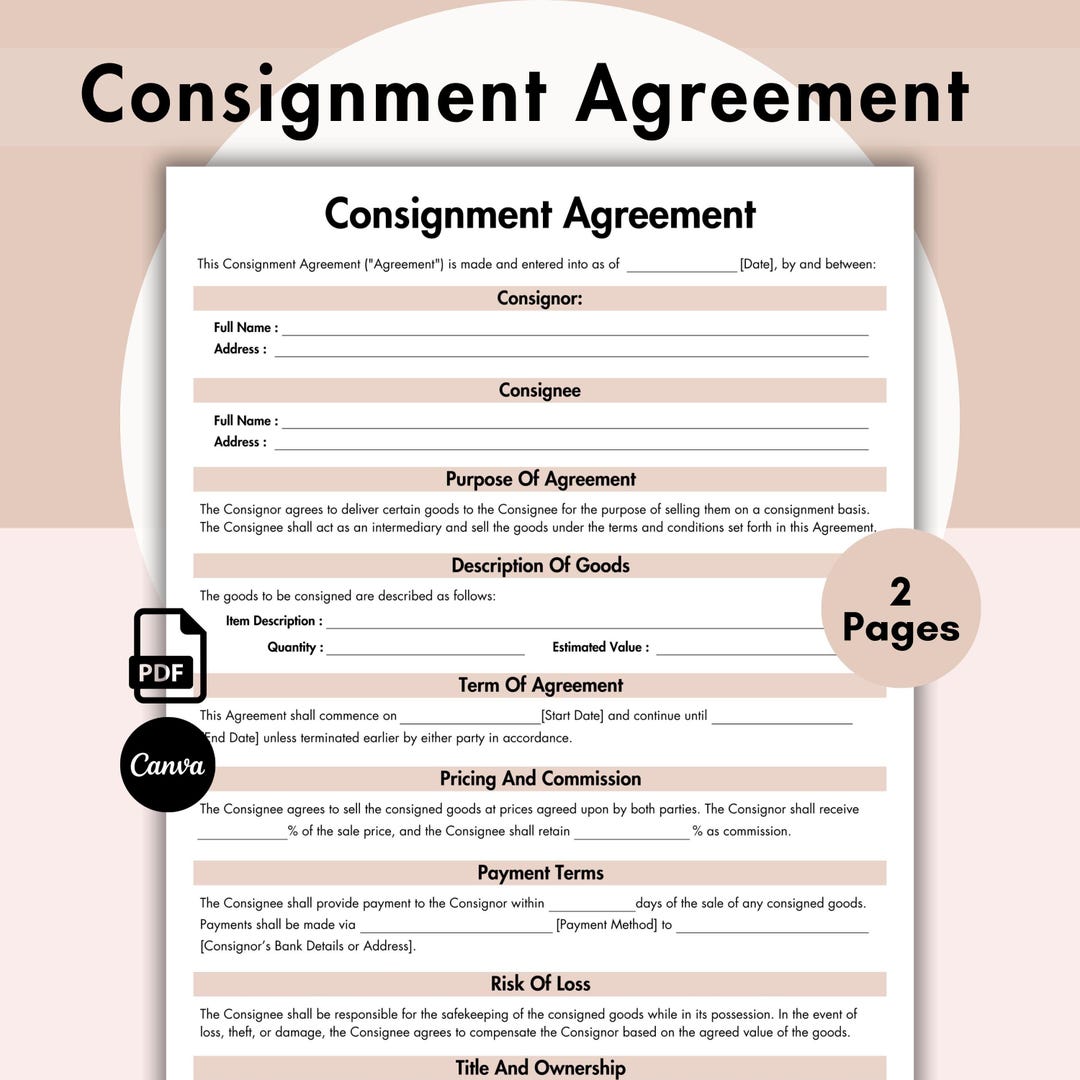 Consignment Agreement Template, Editable Consignment Contract ...