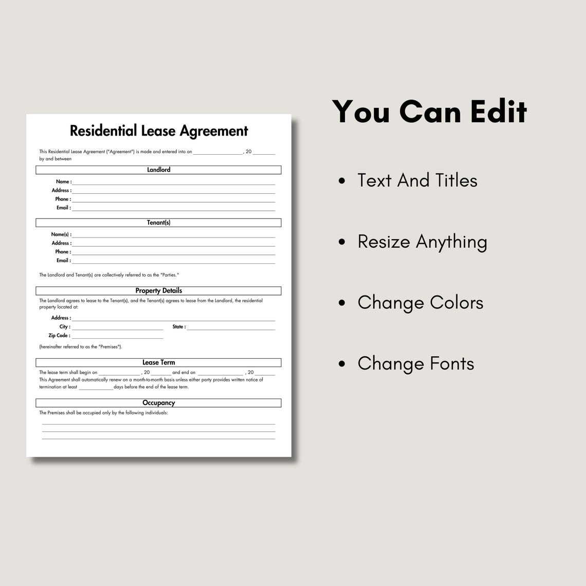 Residential Lease Agreement, Editable & Printable, Simple Rental Lease ...