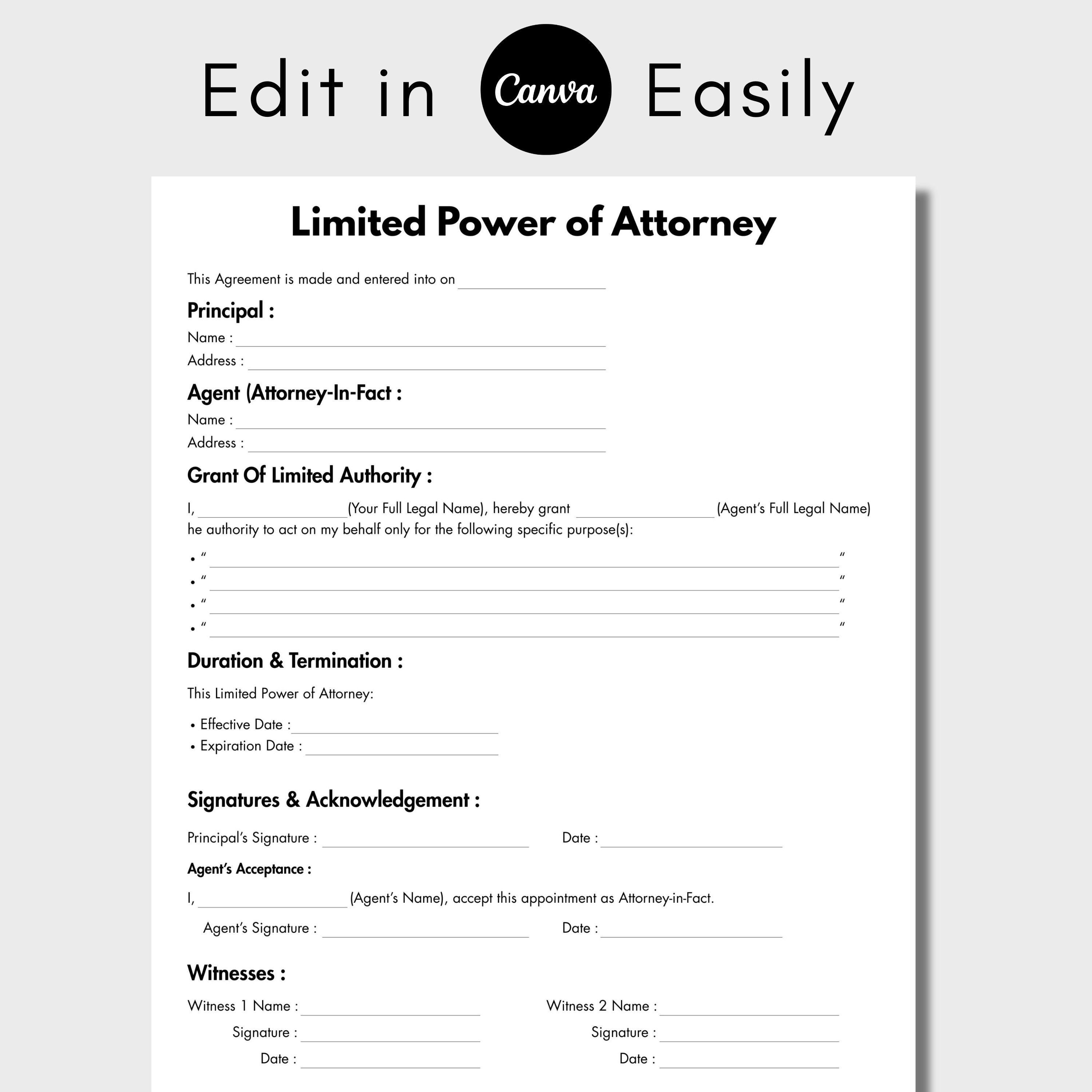 One Page Limited Power of Attorney, Editable Standard POA Template ...