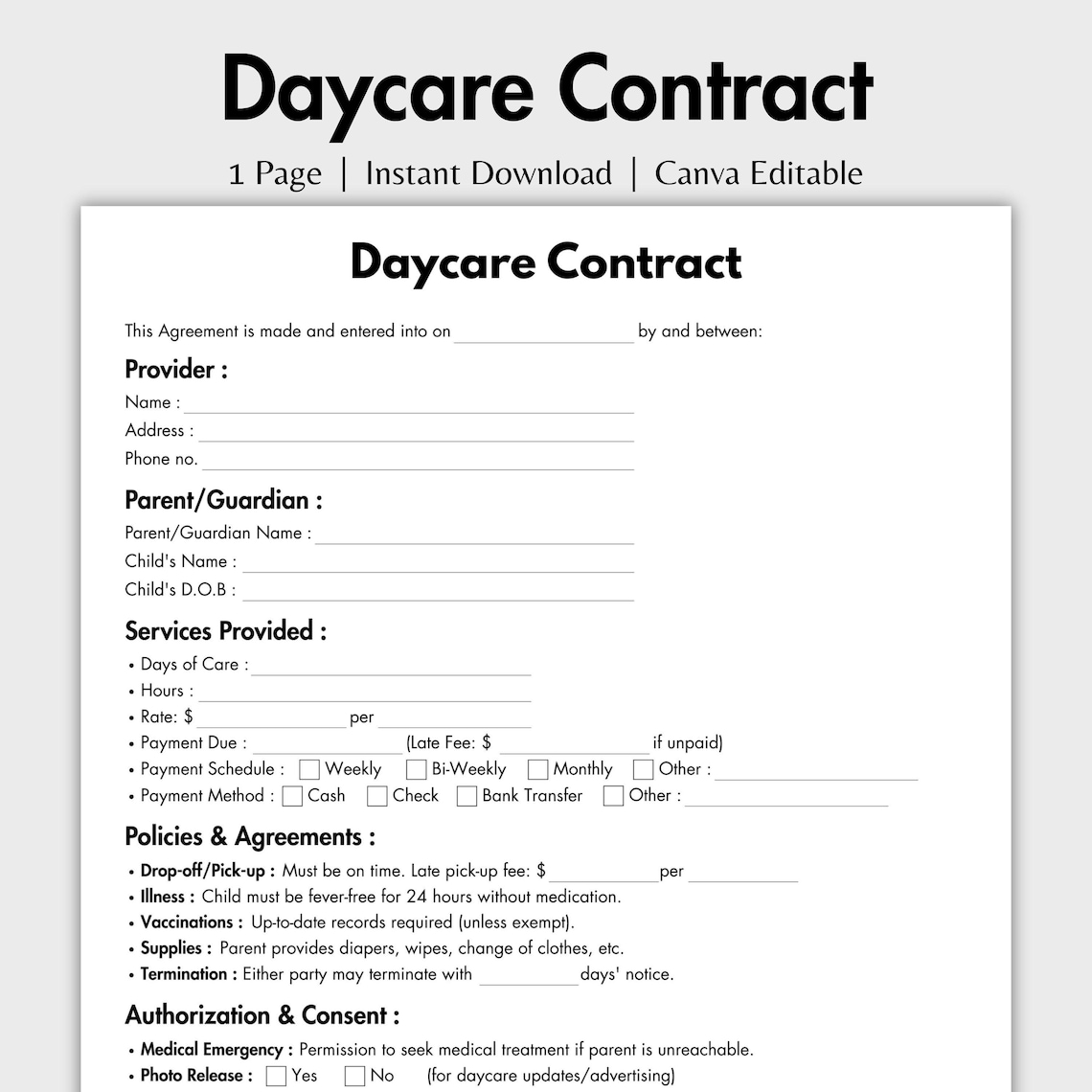 One Page Daycare Contract Template, Editable Daycare Forms, Printable Daycare Agreement ...