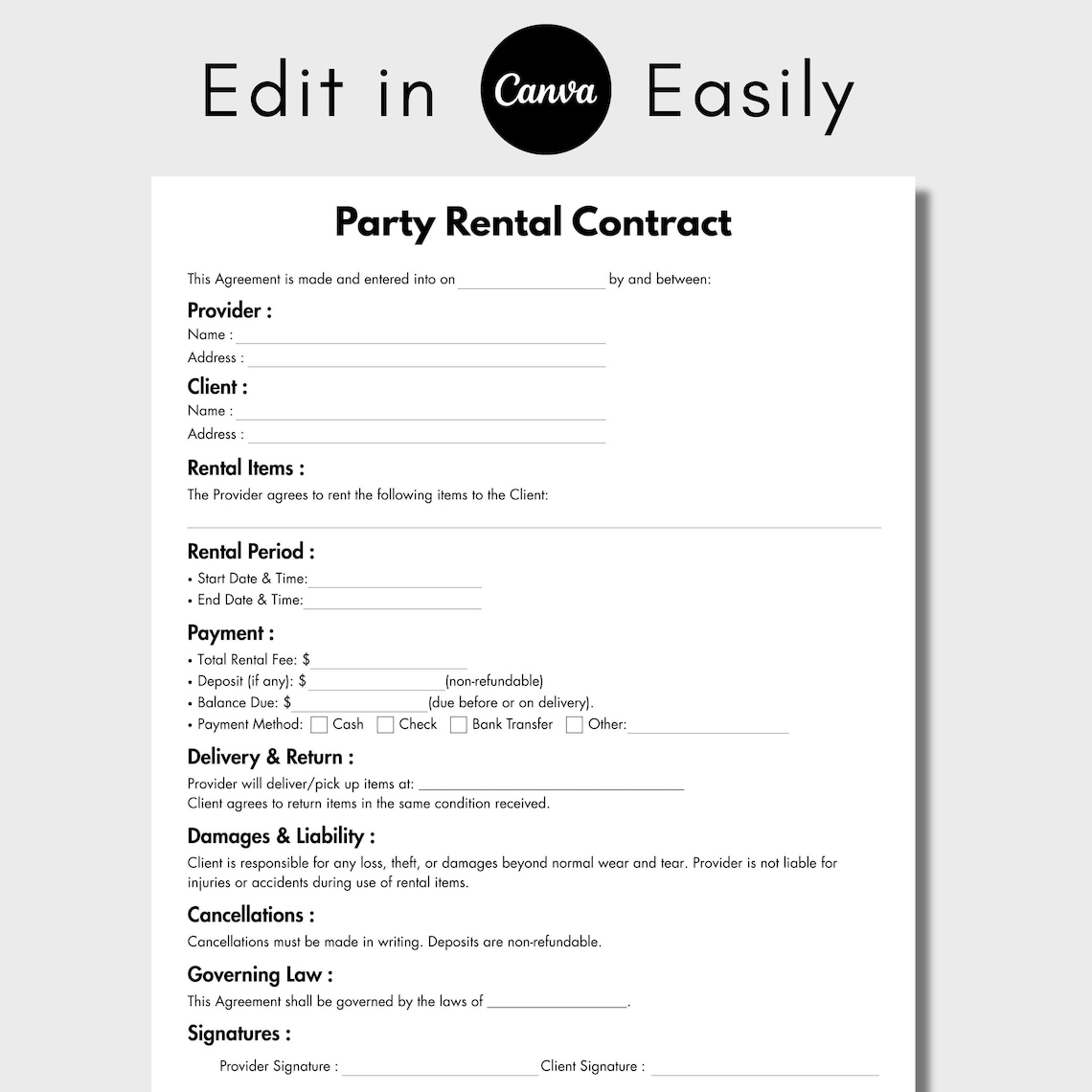 One Page Party Rental Contract, Editable Party Rental Agreement Form ...