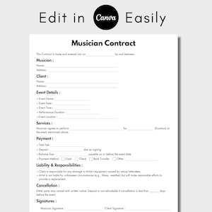 One Page Musician Contract, Editable Musician Collaboration Form ...
