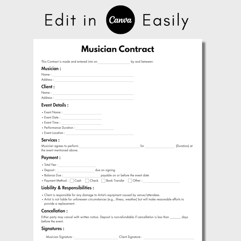 One Page Musician Contract, Editable Musician Collaboration Form Template Canva, Printable ...
