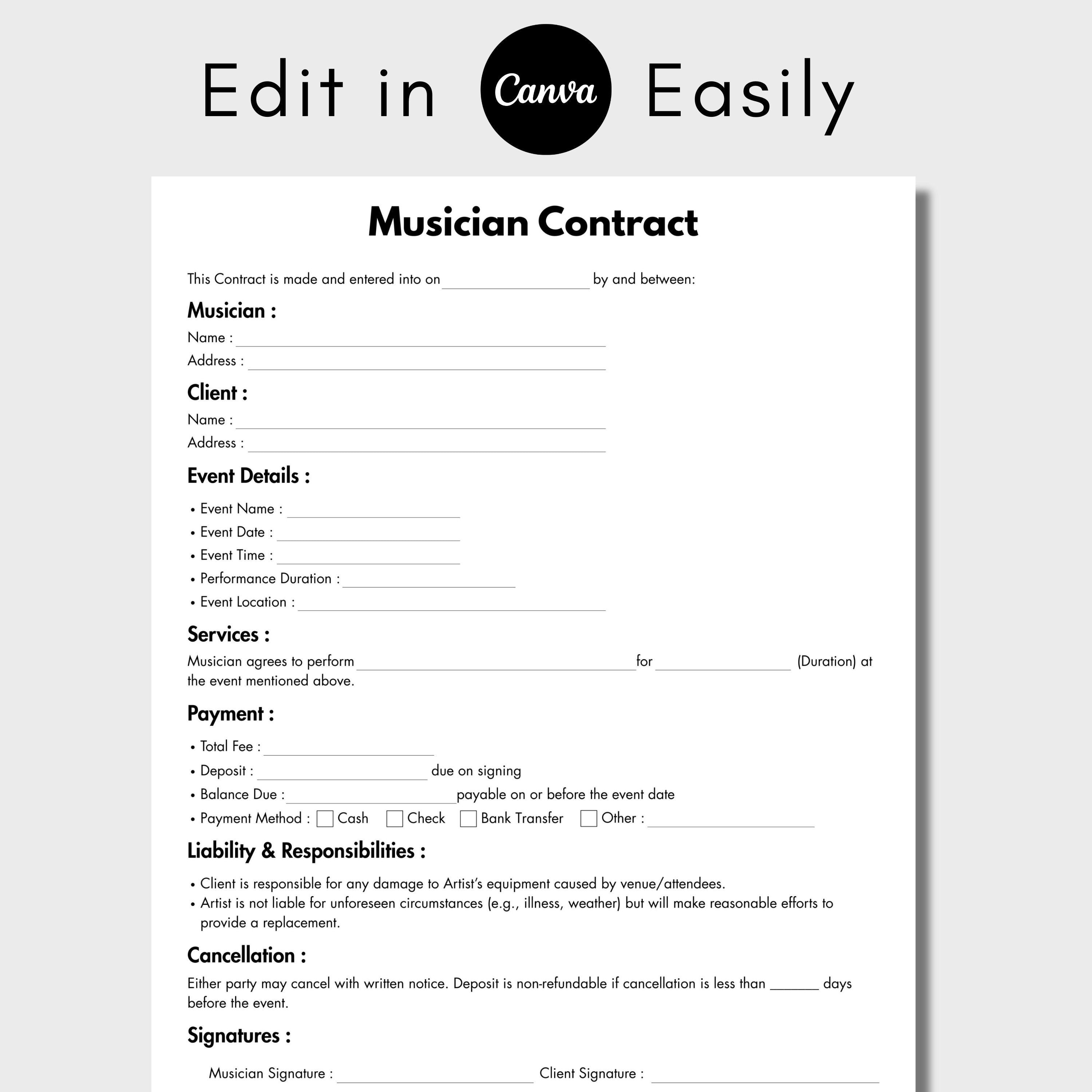 One Page Musician Contract, Editable Musician Collaboration Form ...