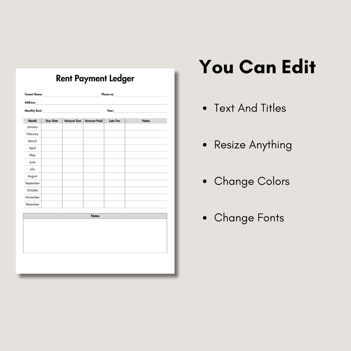 Rent Payment Ledger Template, Editable Rental Payment Tracker Form ...