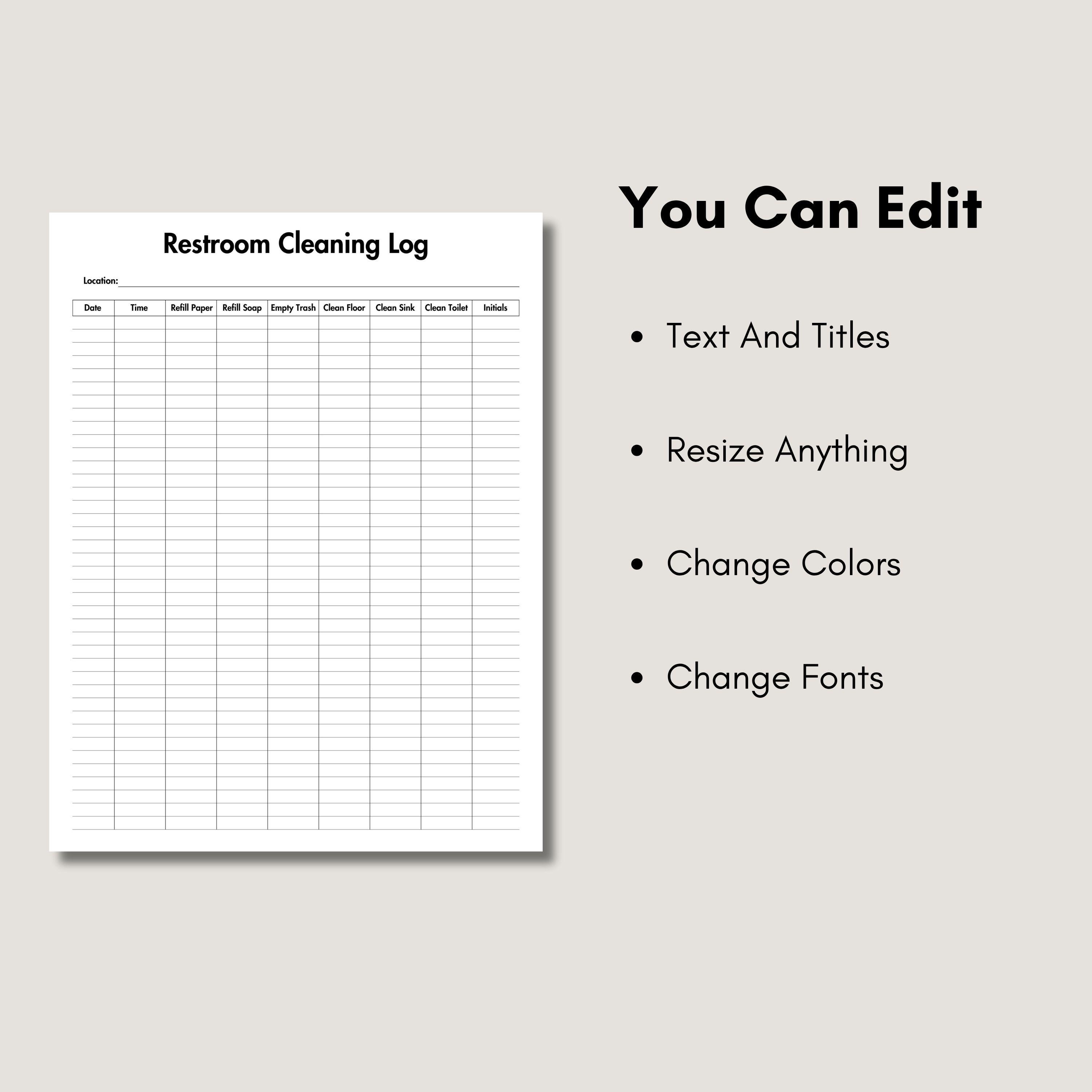 Editable Restroom Cleaning Log, Printable Cleaning Restroom Checklist ...