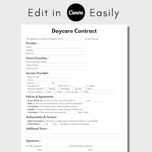 One Page Daycare Contract Template, Editable Daycare Forms, Printable ...