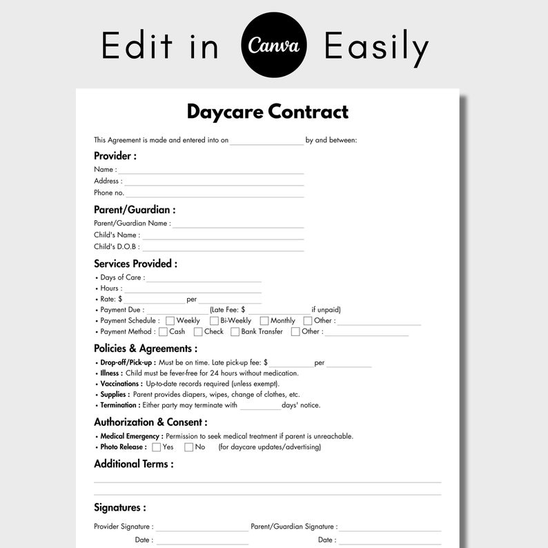 One Page Daycare Contract Template, Editable Daycare Forms, Printable ...