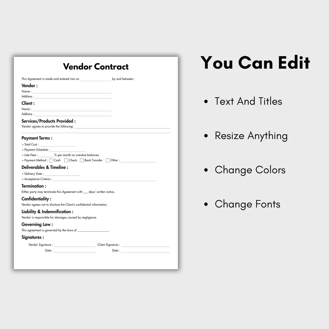 One Page Vendor Contract, Editable Popup Event Vendor Template Canva ...