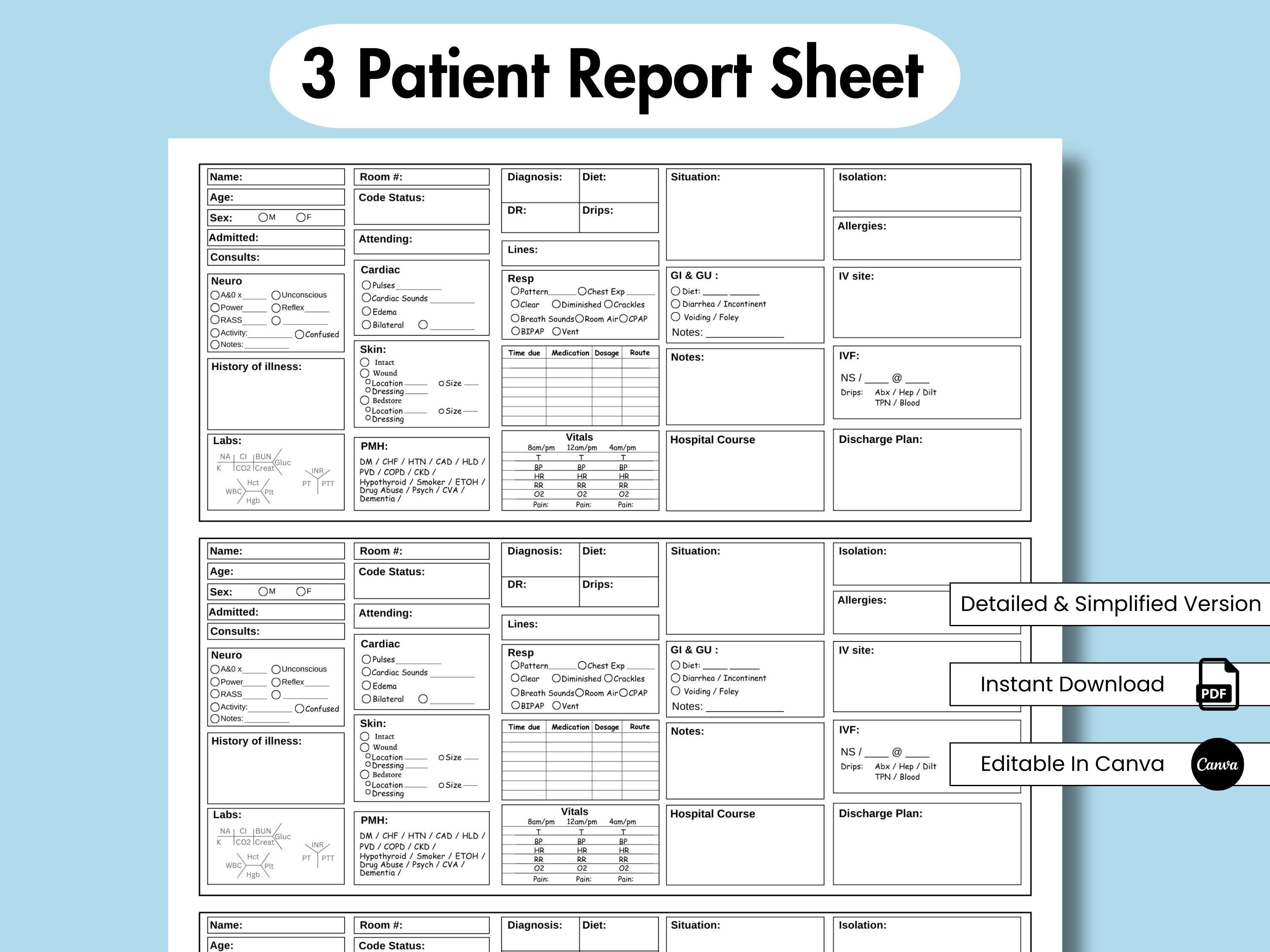 3 Patient Nurse Report Sheet, Printable Nursing Med Surg Report Sheet ...