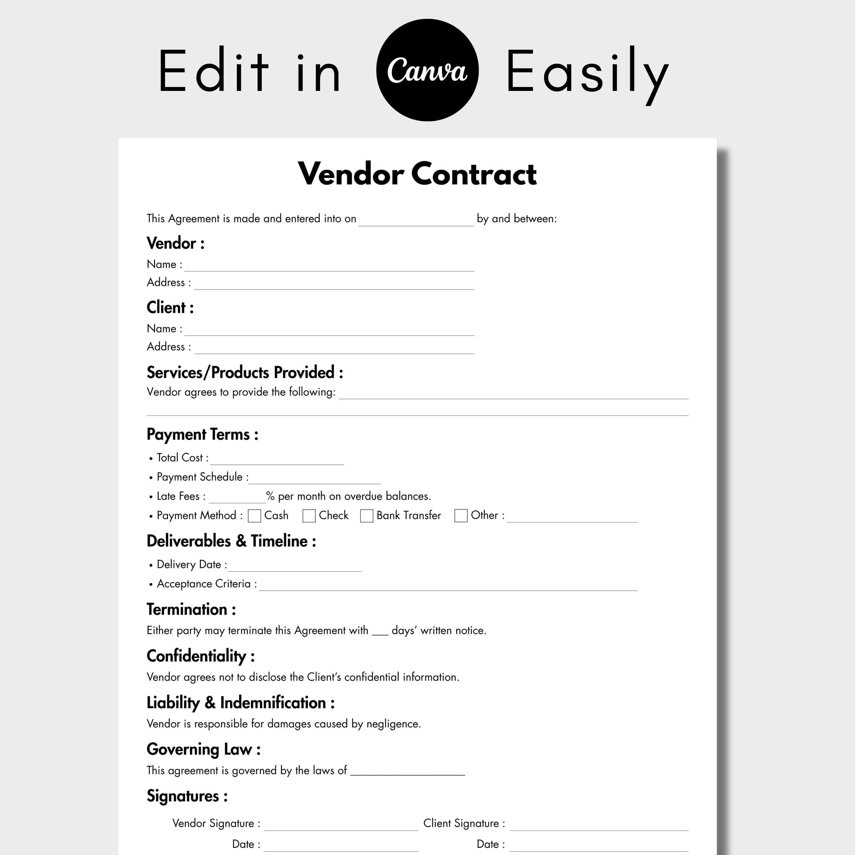 One Page Vendor Contract, Editable Popup Event Vendor Template Canva ...