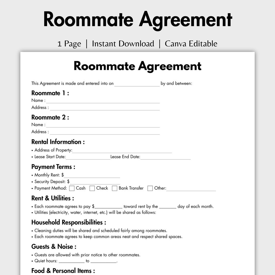 One Page Roommate Agreement, Editable Roommate Rental Contract Form ...