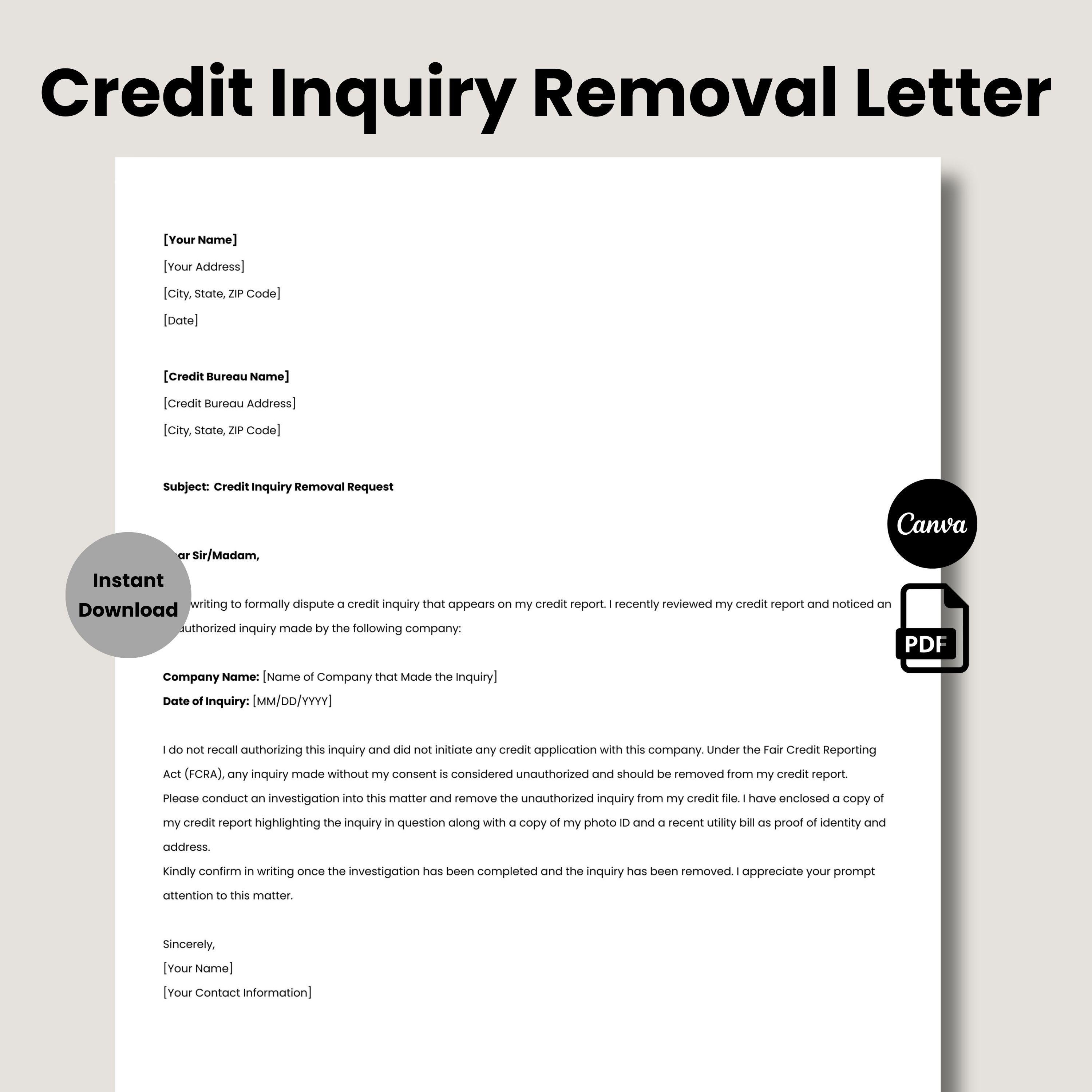 Editable Credit Inquiry Removal Letter, Printable Credit Repair Letter, Hard Inquiry Removal ...