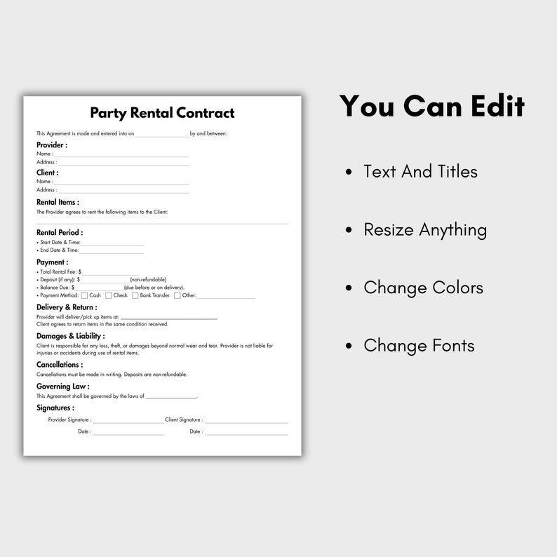 One Page Party Rental Contract, Editable Party Rental Agreement Form ...