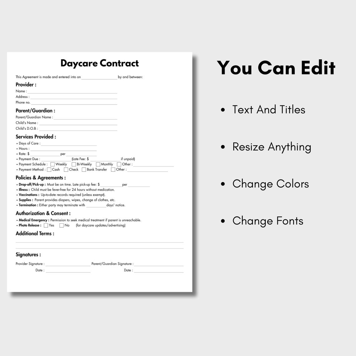 One Page Daycare Contract Template, Editable Daycare Forms, Printable ...