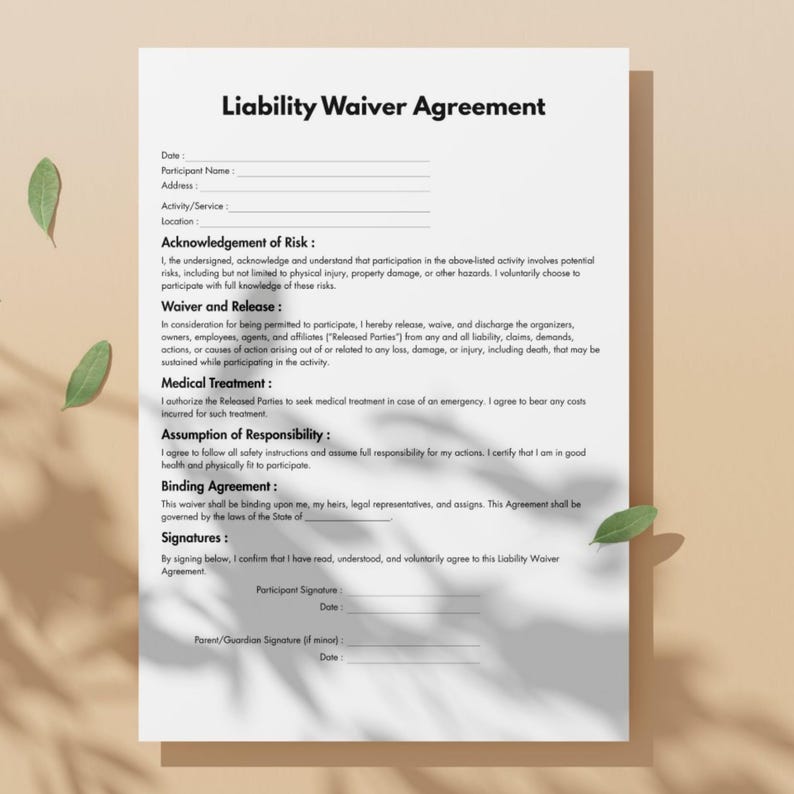 One Page Liability Waiver Agreement, Editable Release of Liability Form ...