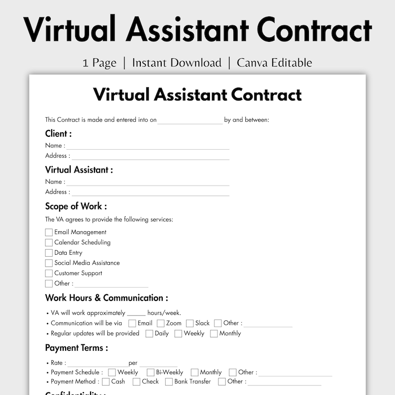 One Page Virtual Assistant Contract, Editable Freelance Assistant ...