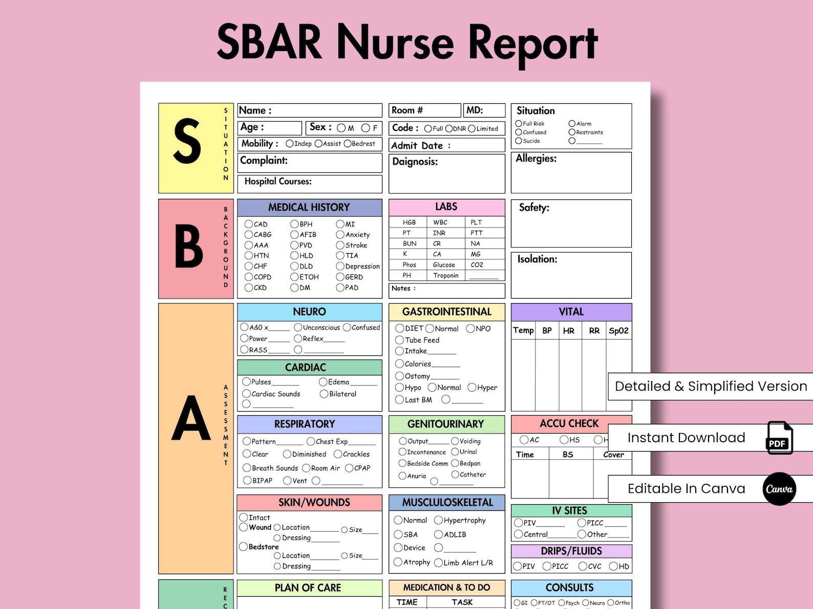 SBAR Nurse Report Sheet, Editable Nursing Student Med Surg SBAR Report ...