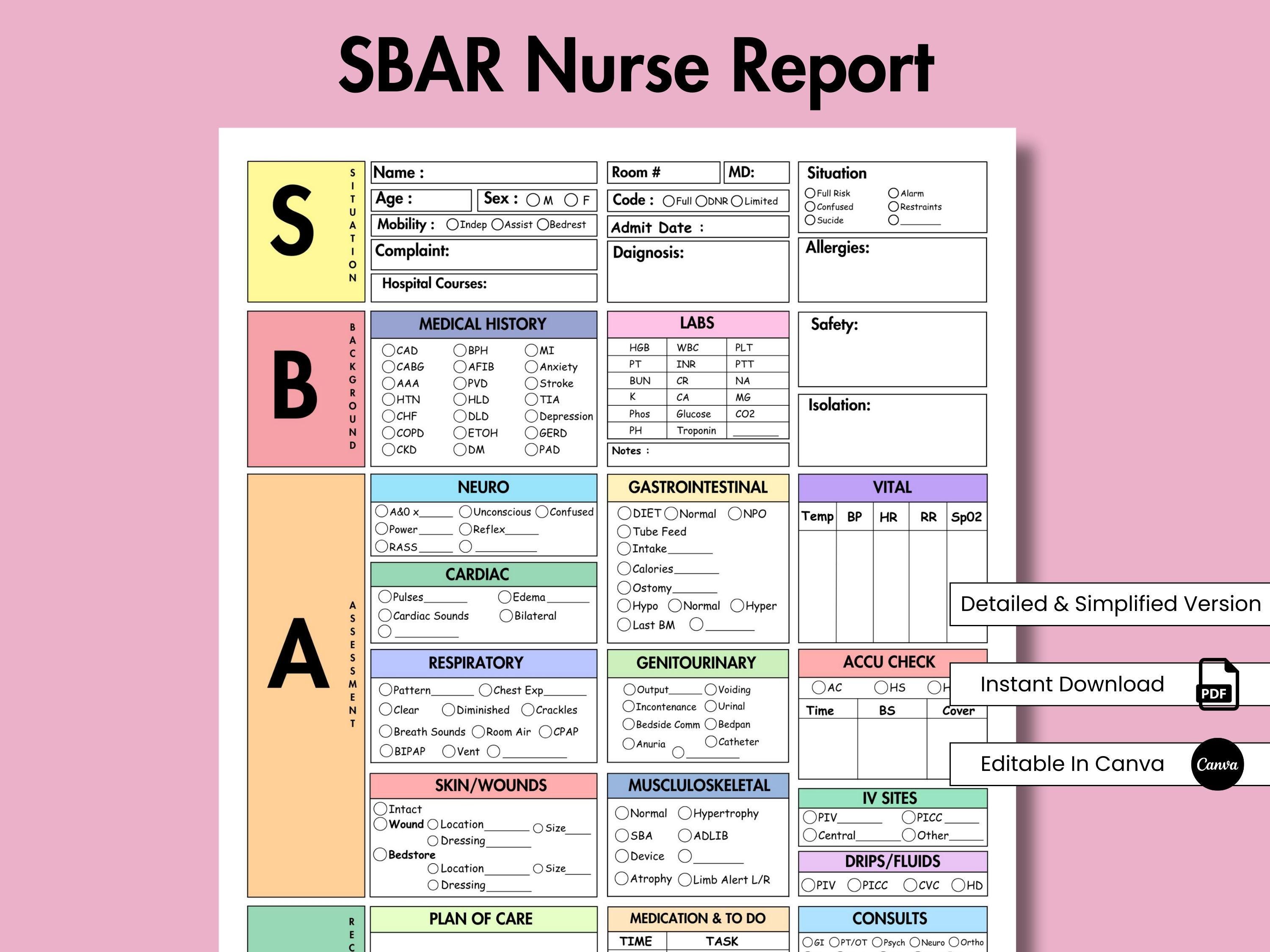 SBAR Nurse Report Sheet, Editable Nursing Student Med Surg SBAR Report ...