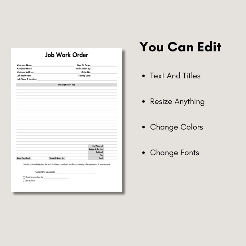 Job Work Order Template, Editable Business Job Work Order Form, Job ...