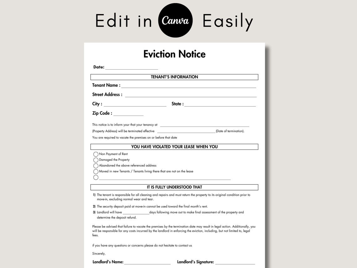 Editable Eviction Notice Template, Landlord Rental Contract Canva, Printable Notice to Vacate ...
