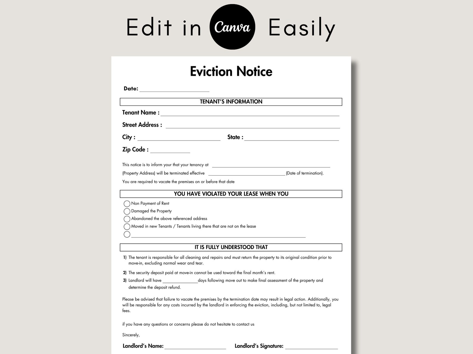 Editable Eviction Notice Template, Landlord Rental Contract Canva ...