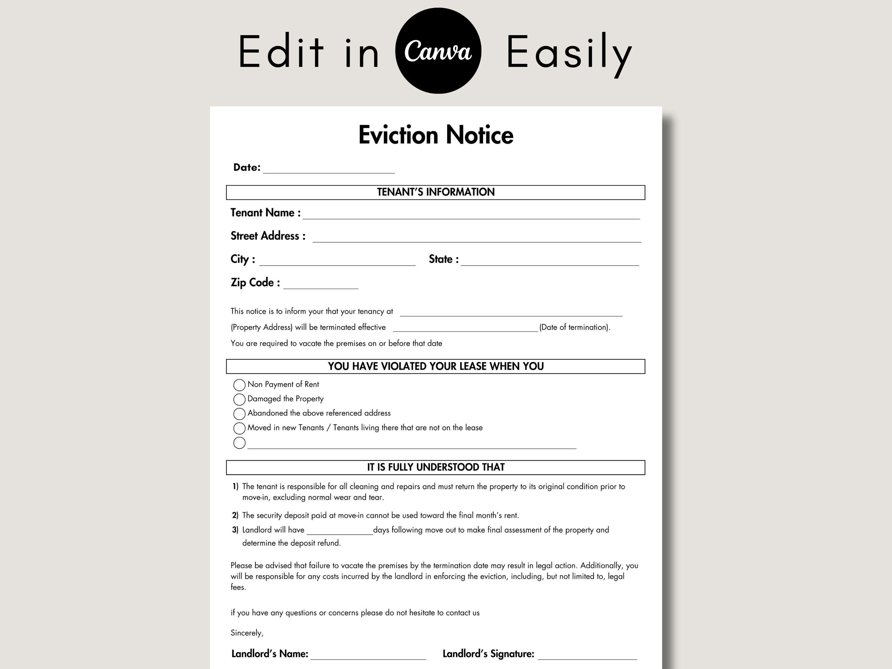 Editable Eviction Notice Template, Landlord Rental Contract Canva ...