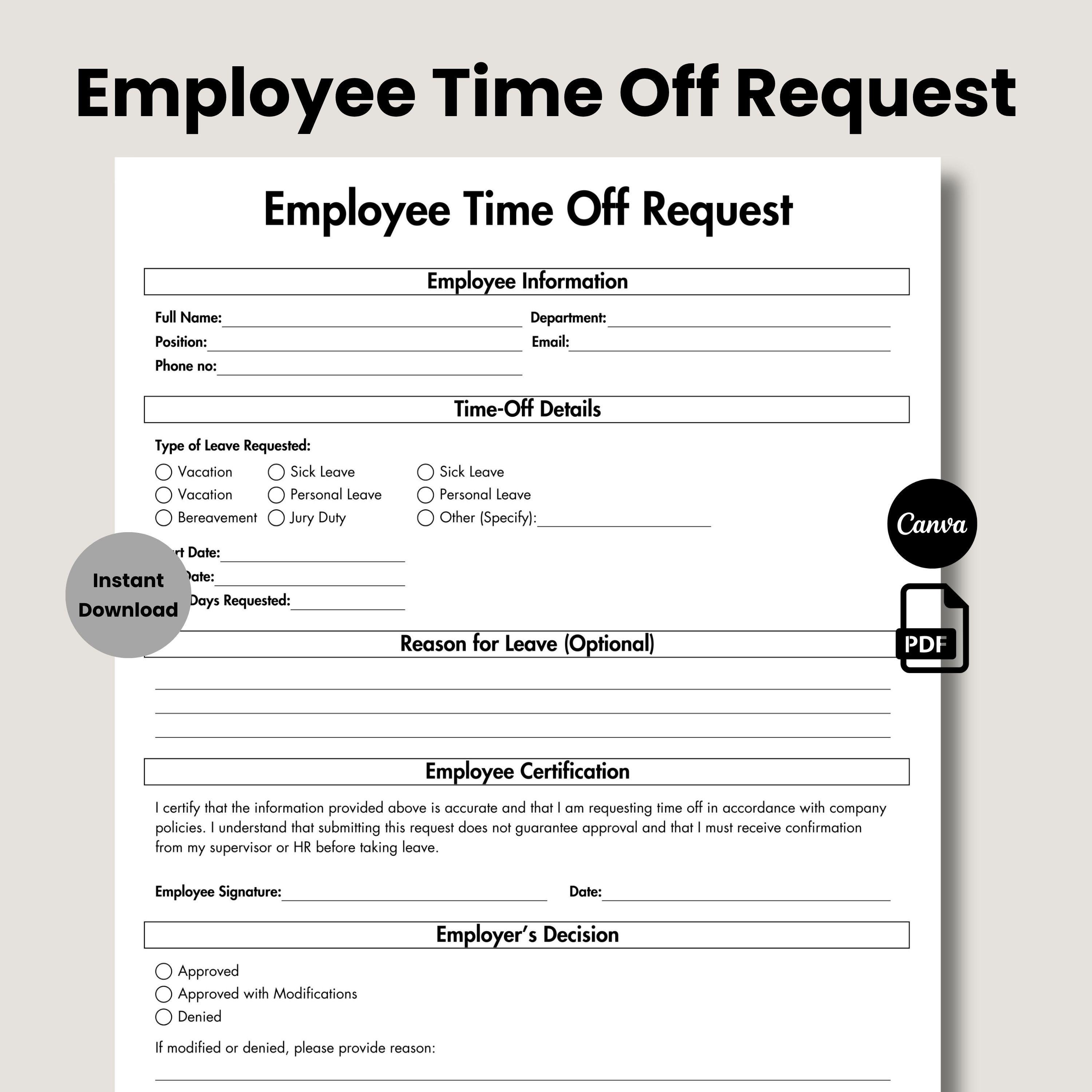Editable Employee Time off Request, Printable Time off Tracker ...