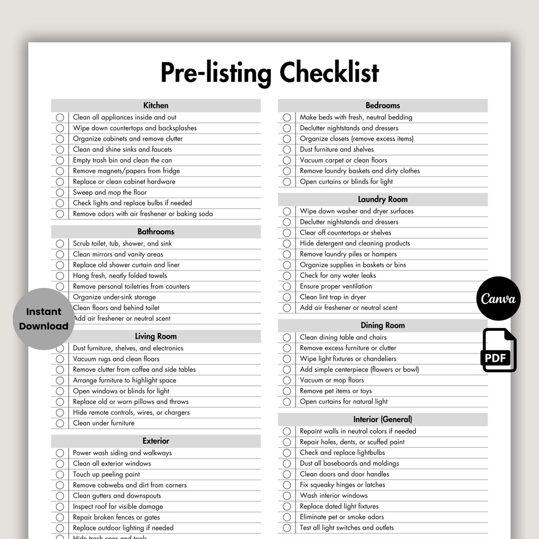 Pre-listing Checklist Template, Editable Home Seller Checklist Form ...