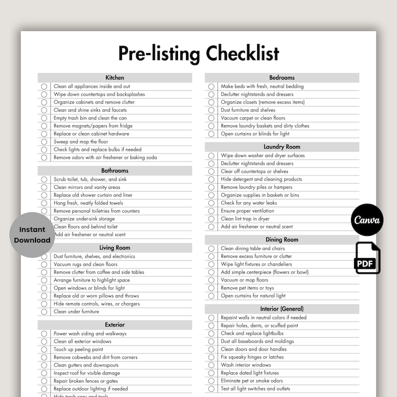 Pre-listing Checklist Template, Editable Home Seller Checklist Form ...