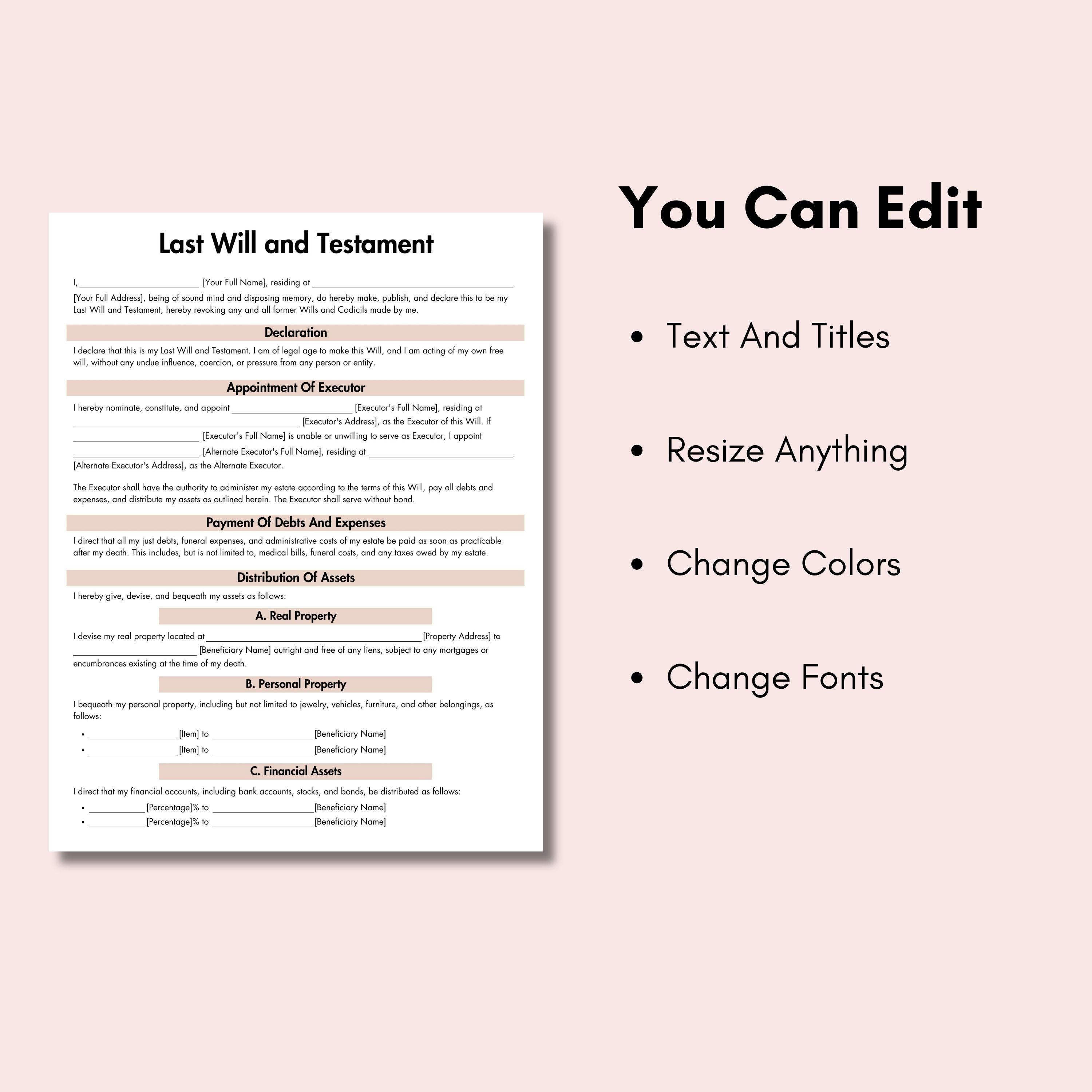 Last Will and Testament | Editable & Printable | Personalized Will and ...