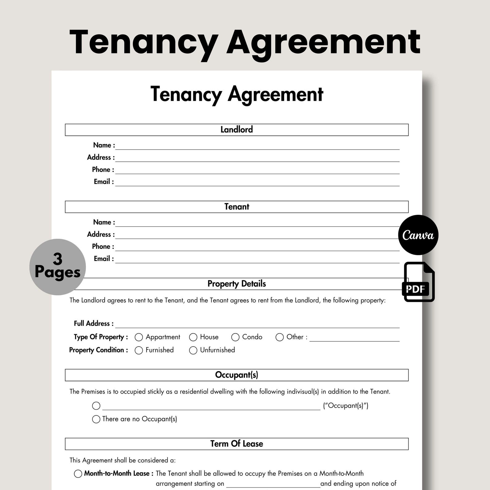 Tenancy Agreement, Editable & Printable Rental Agreement, Simple ...