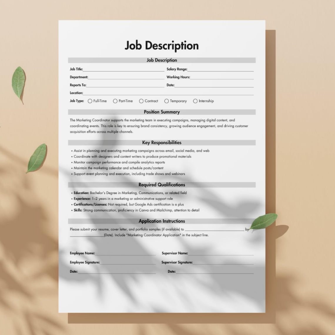 Job Description Template, Editable Job Description Form, HR Template ...
