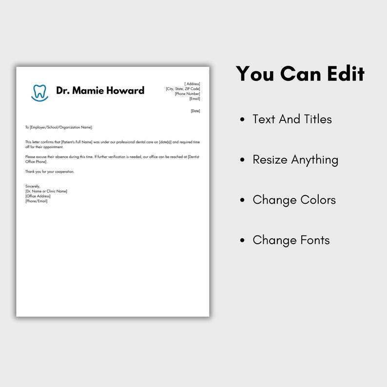 Editable Dentist Excuse Note, Printable Dental and Orthodontic Medical ...