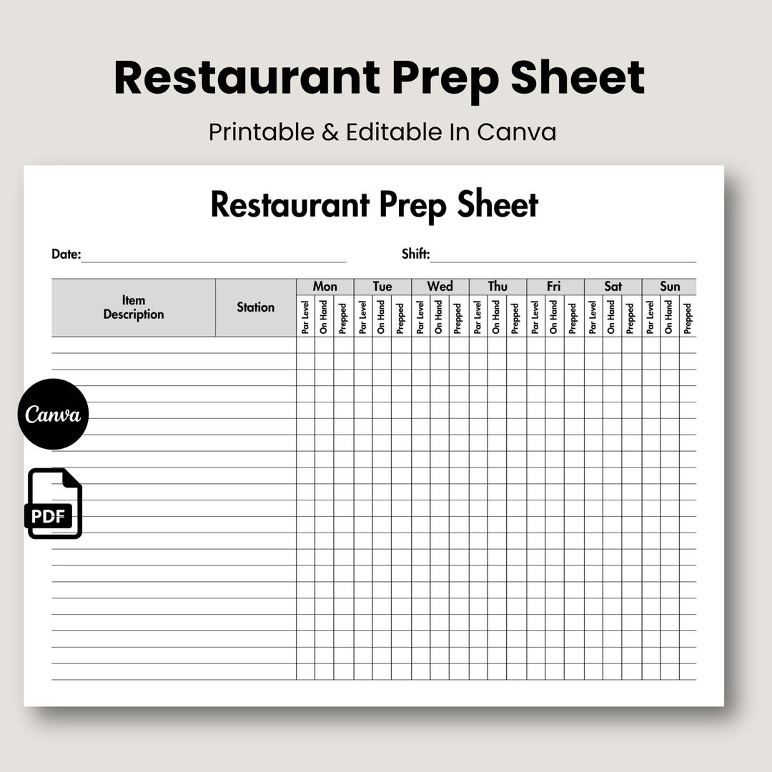 Restaurant Prep Sheet Template, Editable Food Prep Chart Form ...