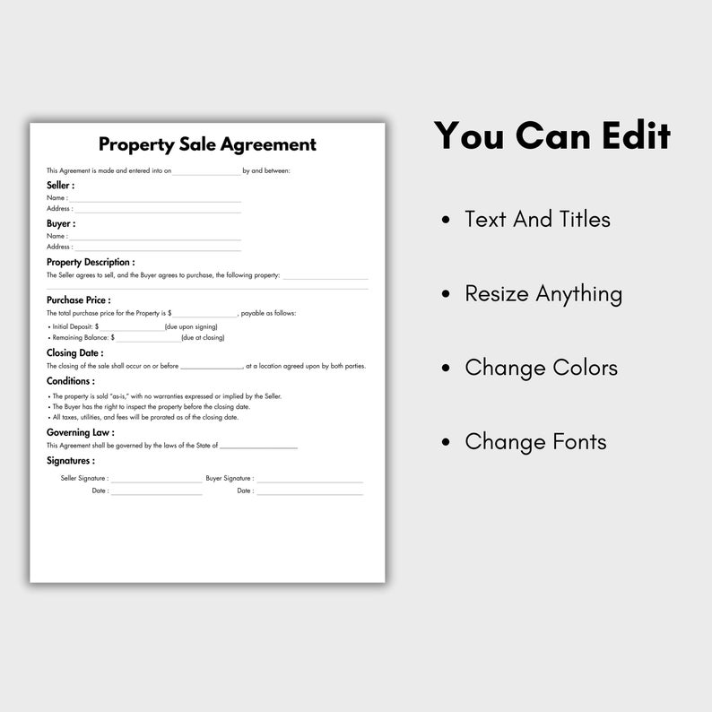 One Page Property Sale Agreement, Editable Purchase Agreement Template ...