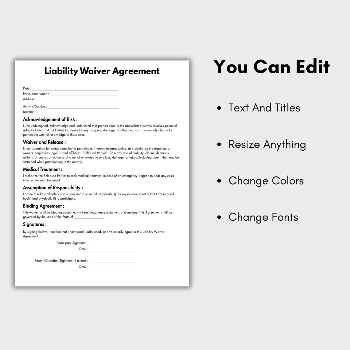 One Page Liability Waiver Agreement, Editable Release of Liability Form ...