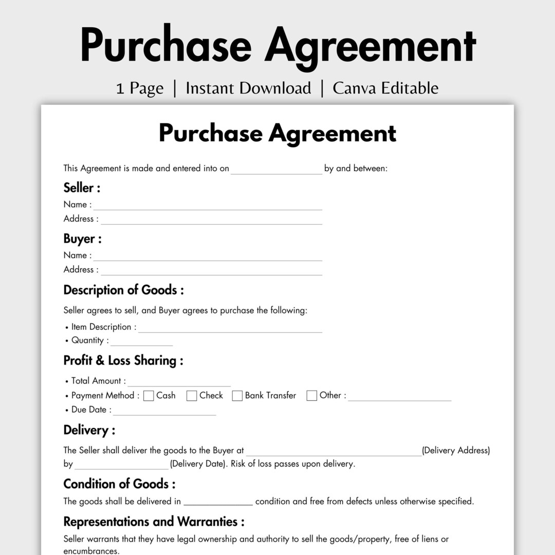 One Page Purchase Agreement, Editable Contract of Sales Template Canva ...