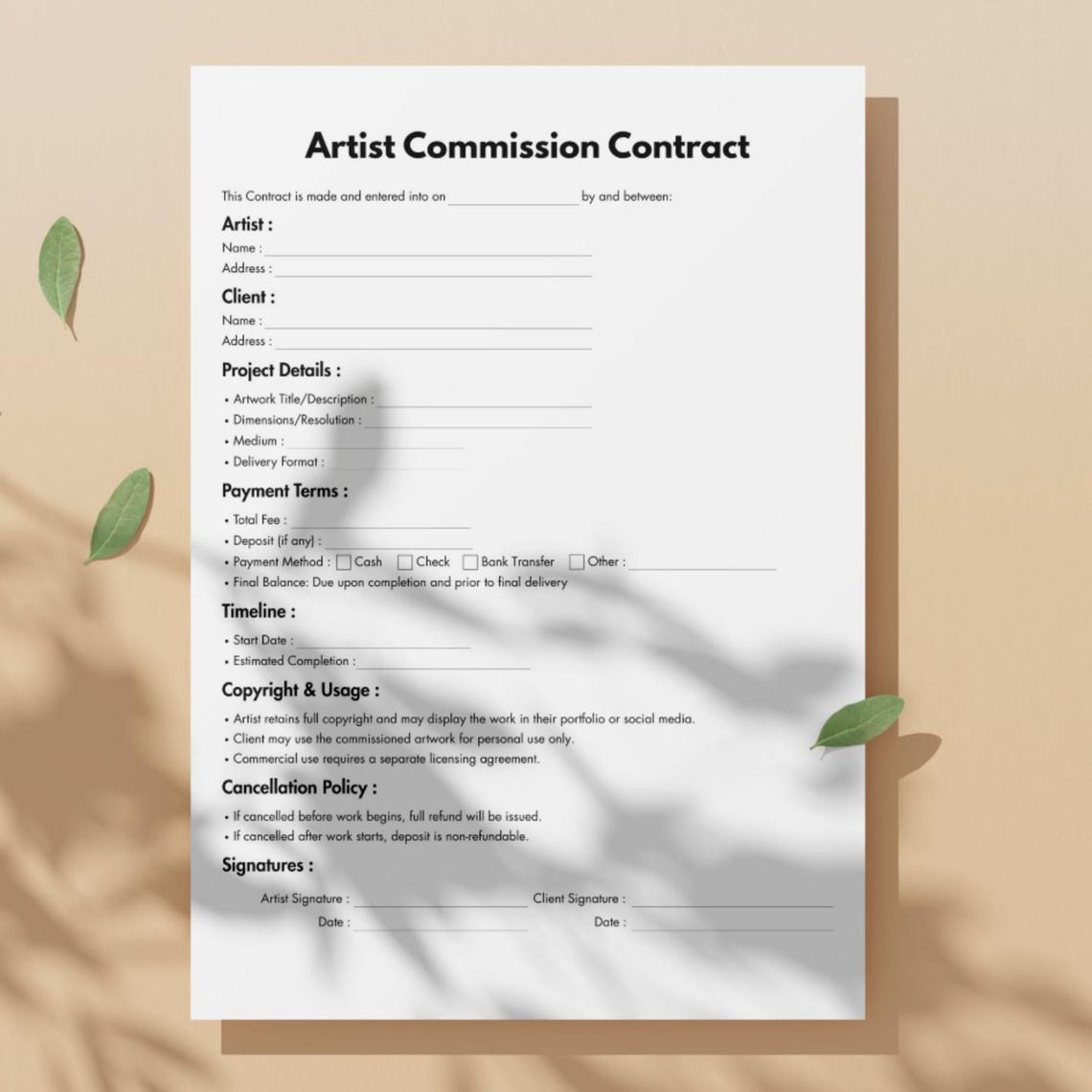 One Page Artist Commission Contract, Editable Agreement for Art Commissions Form Template Canva ...