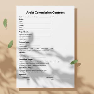 One Page Artist Commission Contract, Editable Agreement for Art ...