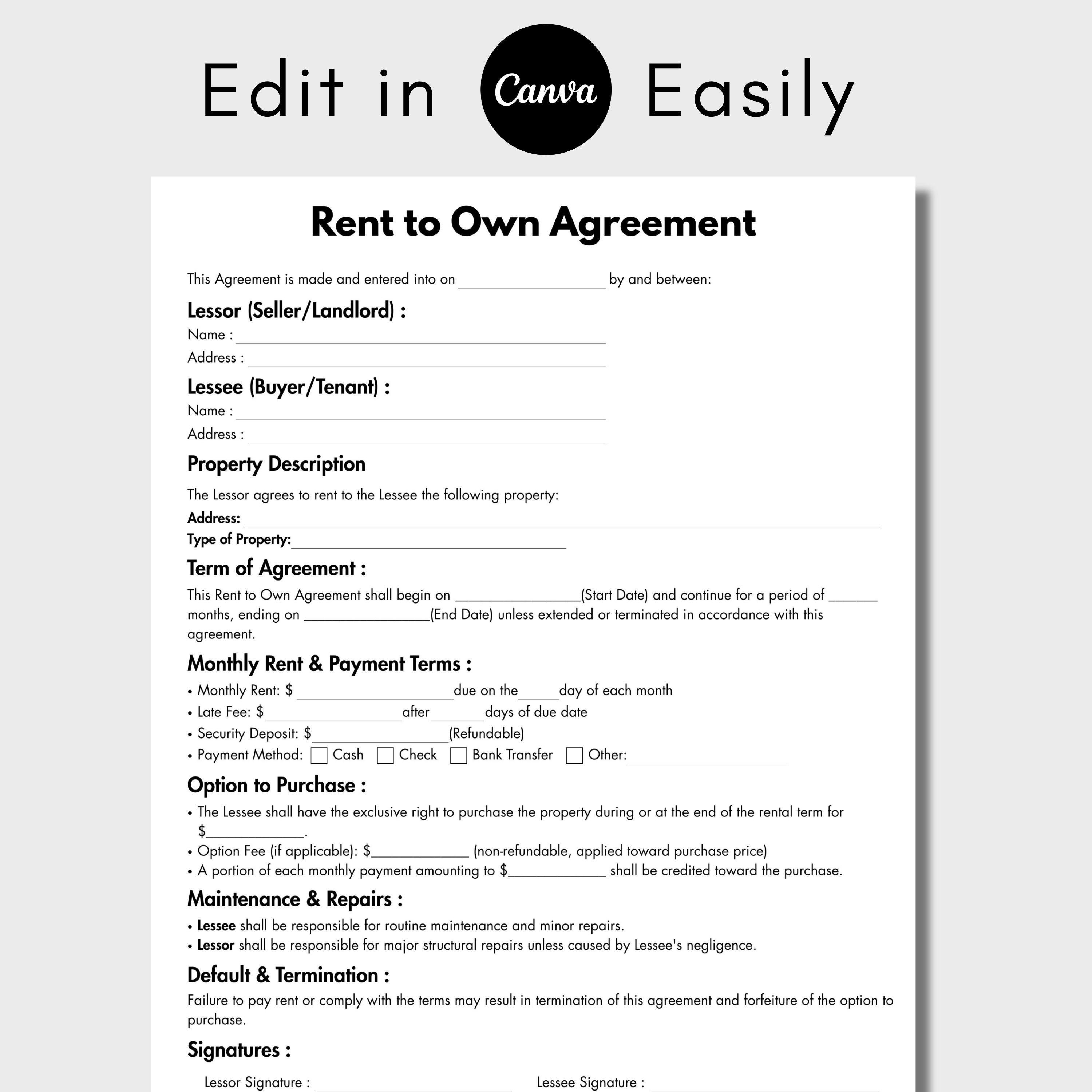 One Page Rent to Own Agreement, Editable Lease to Own Option Contract ...
