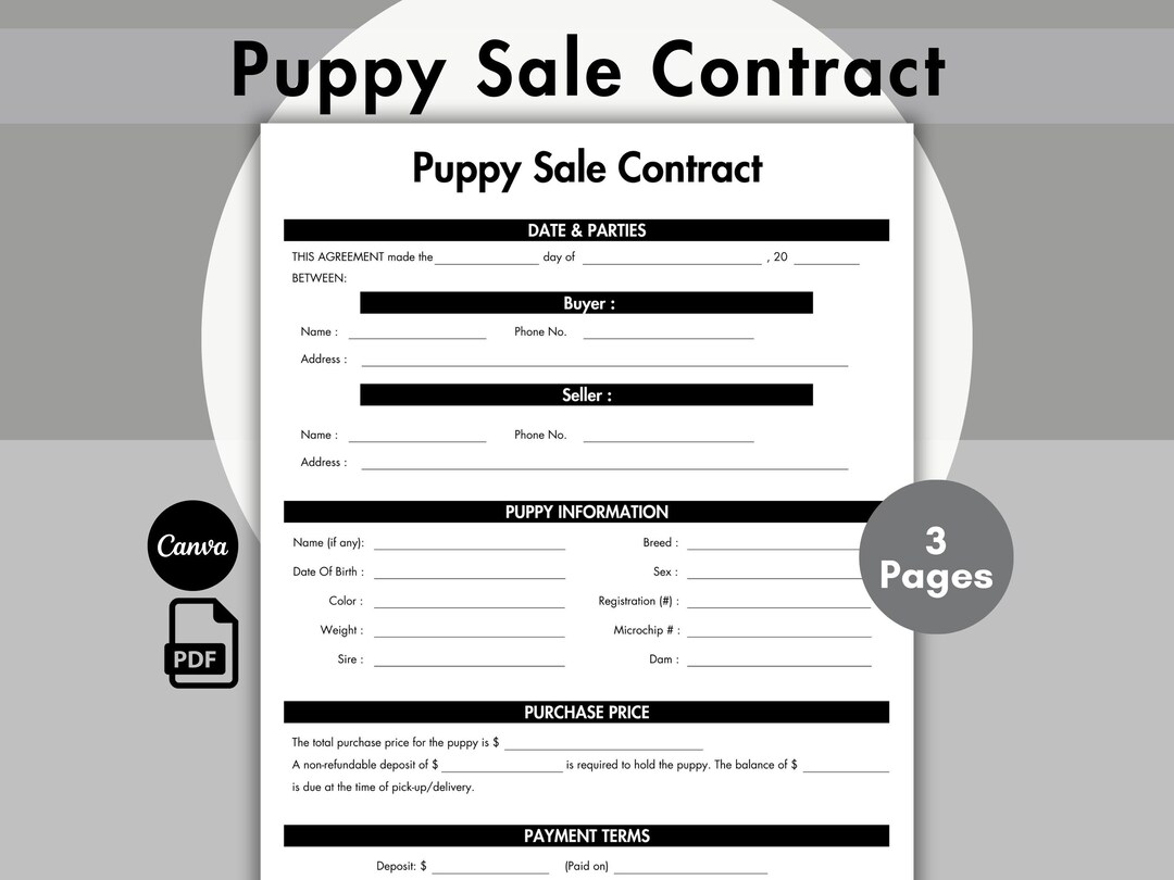 Editable Puppy Sales Contract, Puppy Deposit Contract, Canva, Puppy ...