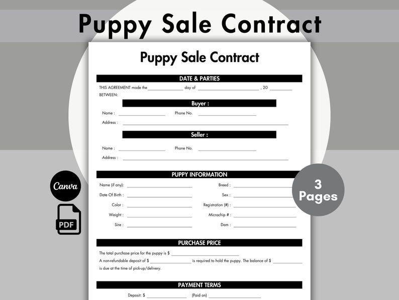 Editable Puppy Sales Contract, Puppy Deposit Contract, Canva, Puppy ...