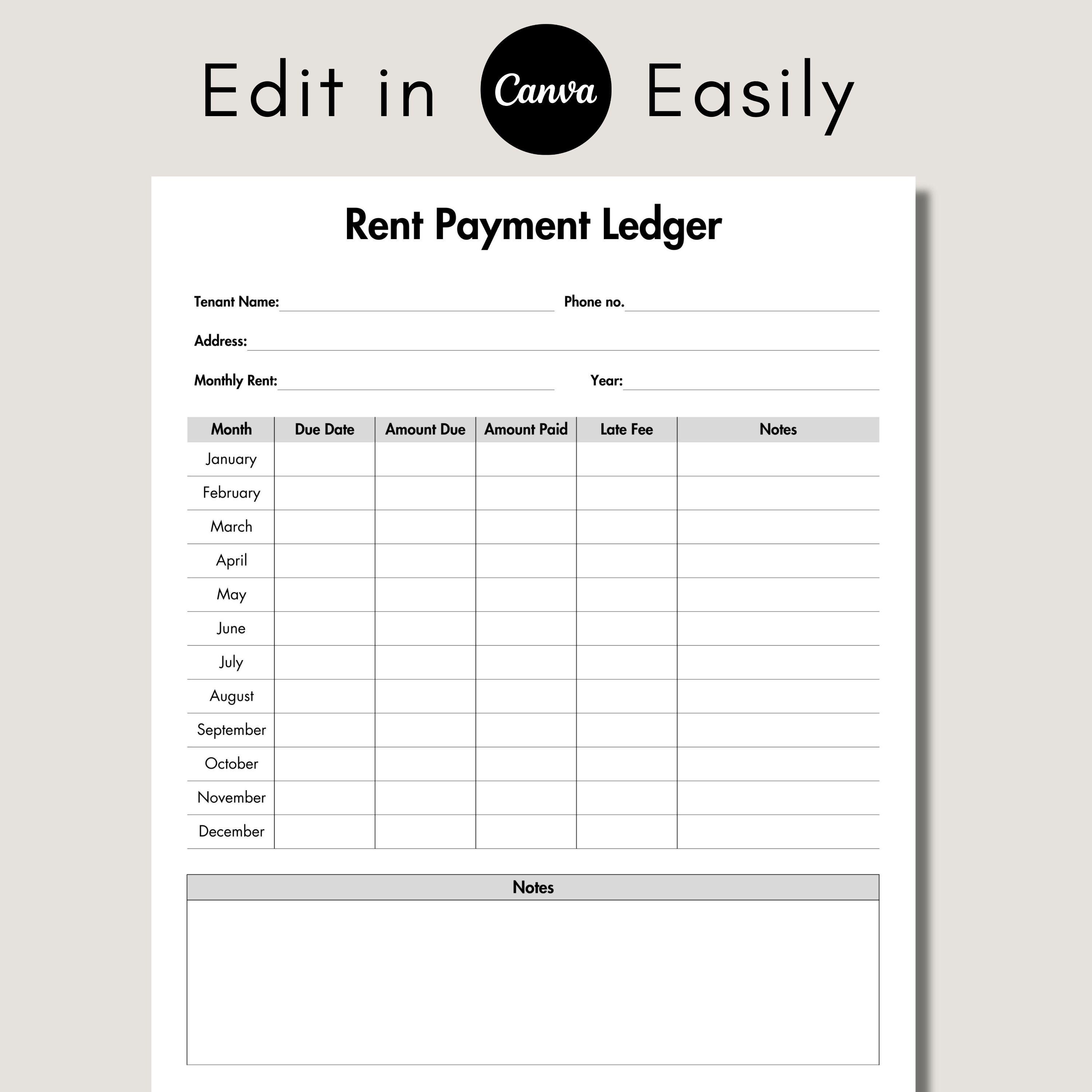 Rent Payment Ledger Template, Editable Rental Payment Tracker Form ...