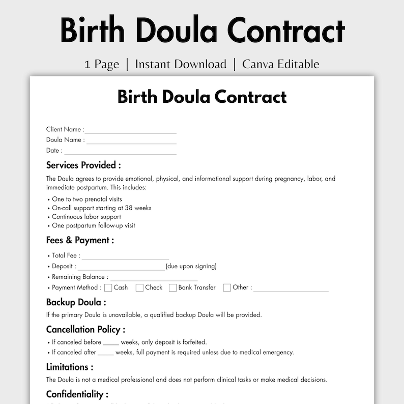 One Page Birth Doula Contract, Editable Doula Services Agreement Form ...