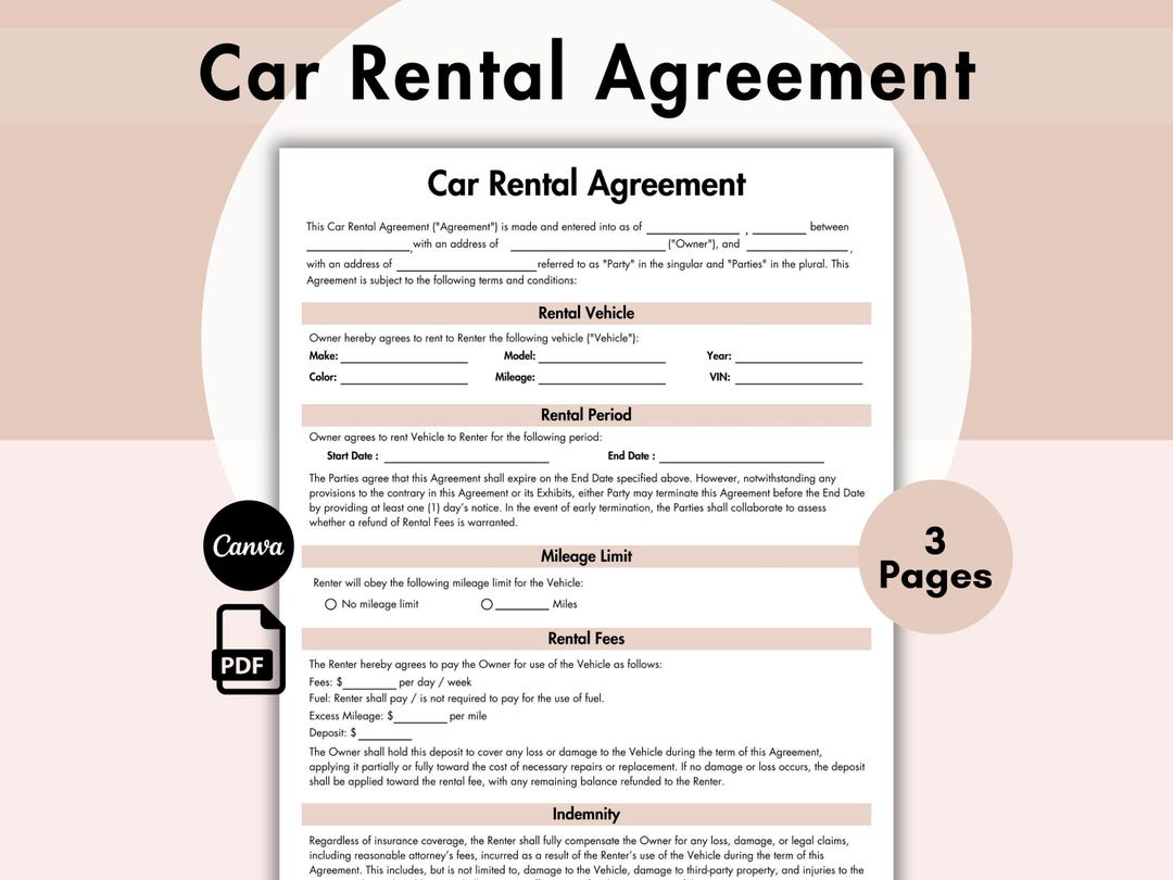 Car Rental Agreement, Printable Car Rental Contract, Vehicle Lease ...