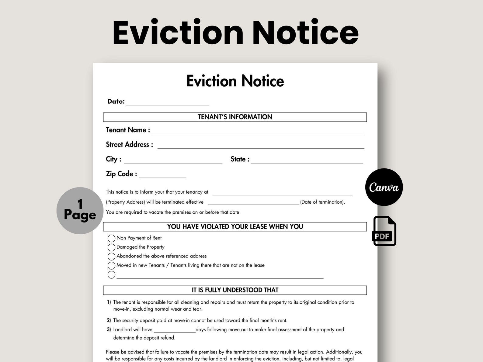 Editable Eviction Notice Template, Landlord Rental Contract Canva ...