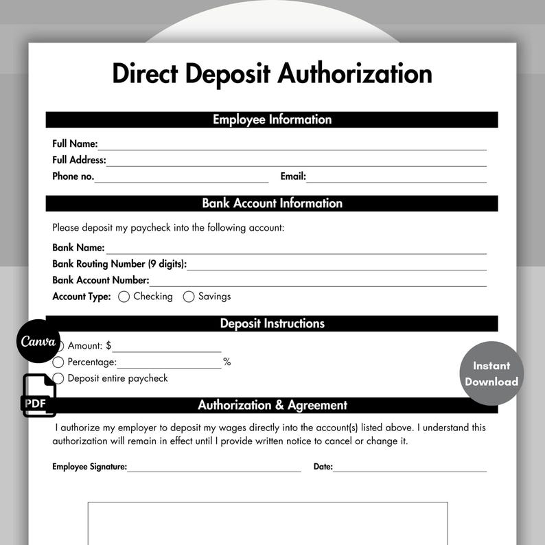Direct Deposit Authorization Template Black, Employee Direct Deposit Form, Printable & Editable ...